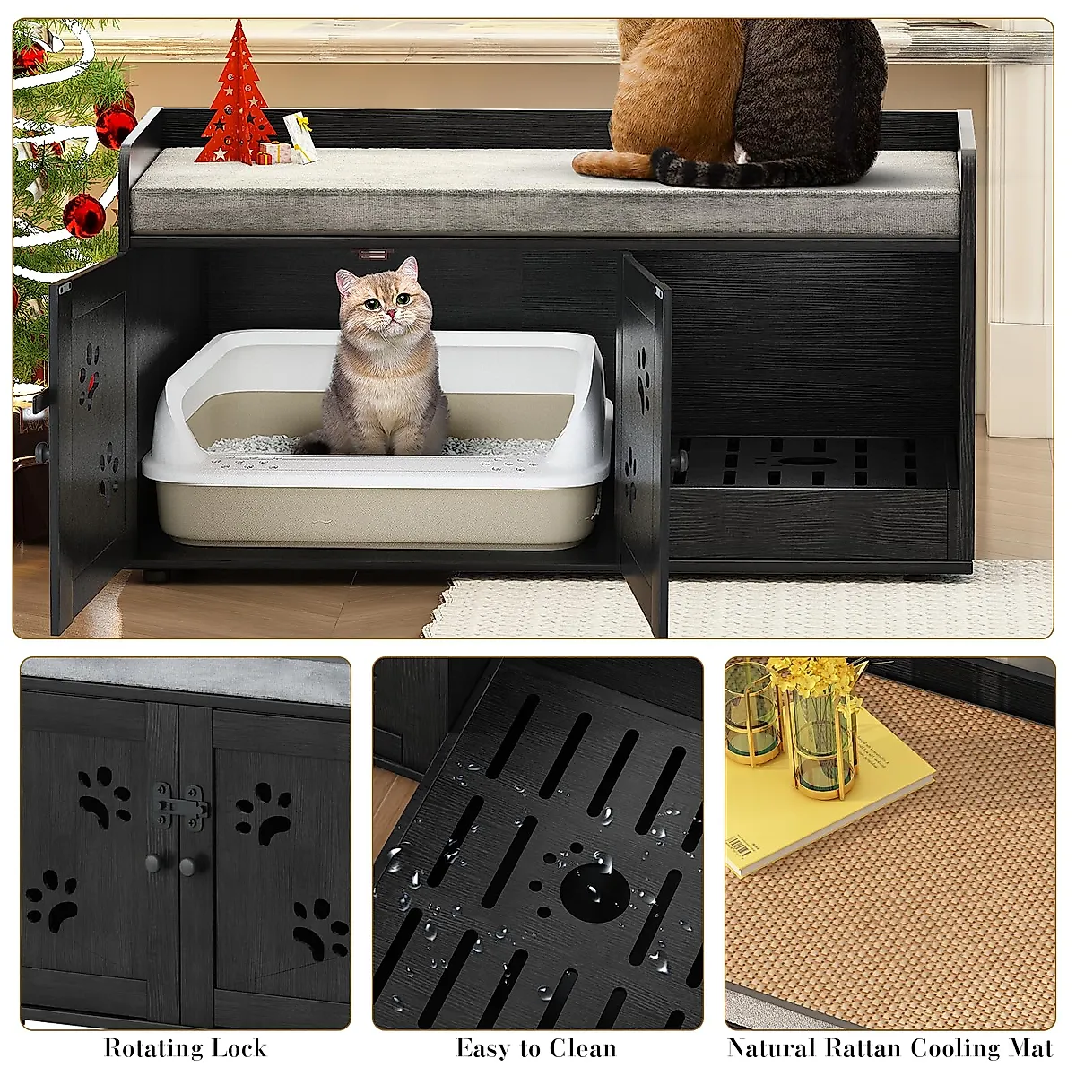 Recaceik Cat Litter Box Enclosure with Mat, Hidden Cat Washroom Furniture with Litter Catcher Box, Wooden Cat House with Door Indoor Cat Cabinet Fit Most Litter Box