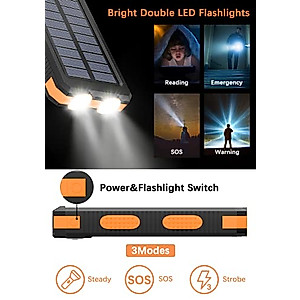 Solar Charger 20000mAh Power Bank Portable Solar Phone Charger, Camping Waterproof External Battery Charger for Cell Phone, 2 USB/LED Flashlight with Compass for Outdoor Activities