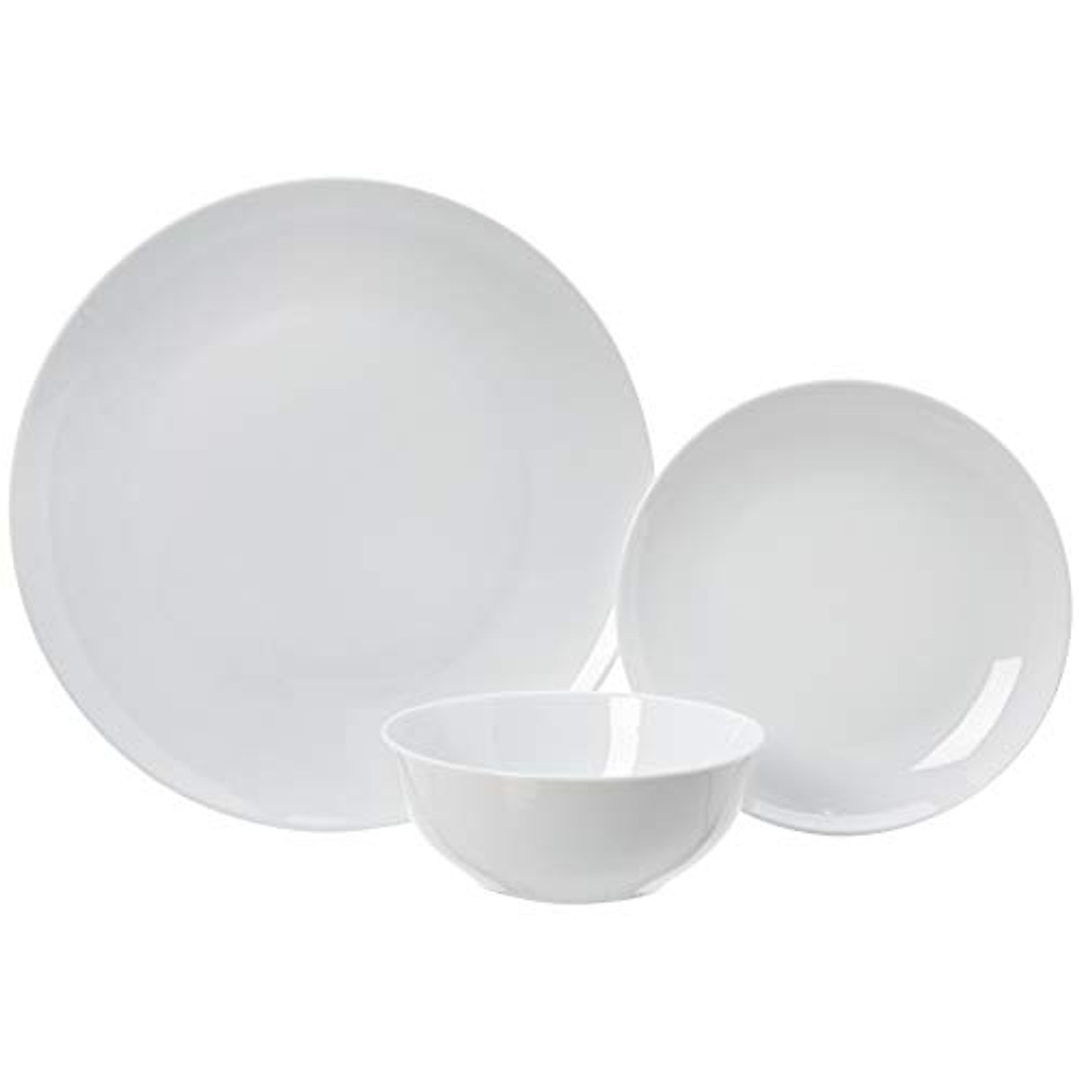Amazon Basics 18-Piece Kitchen Dinnerware Set, Plates, Dishes, Bowls, Service for 6, White Porcelain Coupe