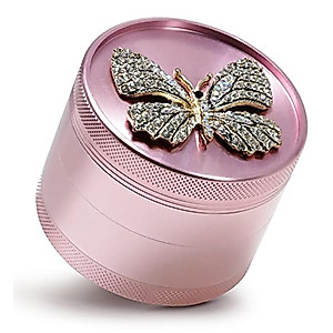 GREASURE Butterfly Pink Grinder 2.5 inch - Aluminum 4 Piece Cute Spice Grinder with Velvet Gift Pouch Bag, Scraper and Brush Tools