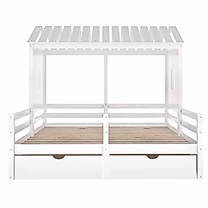 BIADNBZ Twin Size Double Platform Beds with Storage Drawers, Roof and Window, Wooden House-Shaped-Bed for Kids/Boys/Girls Bedroom, Dorm, White