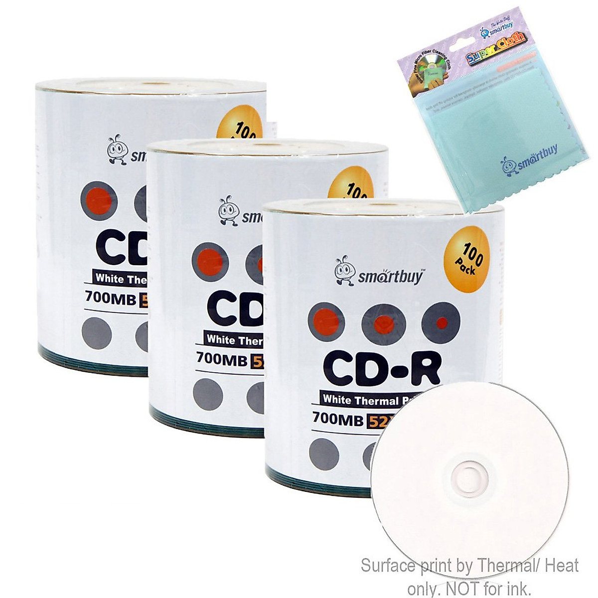 Smartbuy 300-disc 700mb/80min 52x CD-R White Thermal Hub Printable Recordable Disc + Free Micro Fiber Cloth