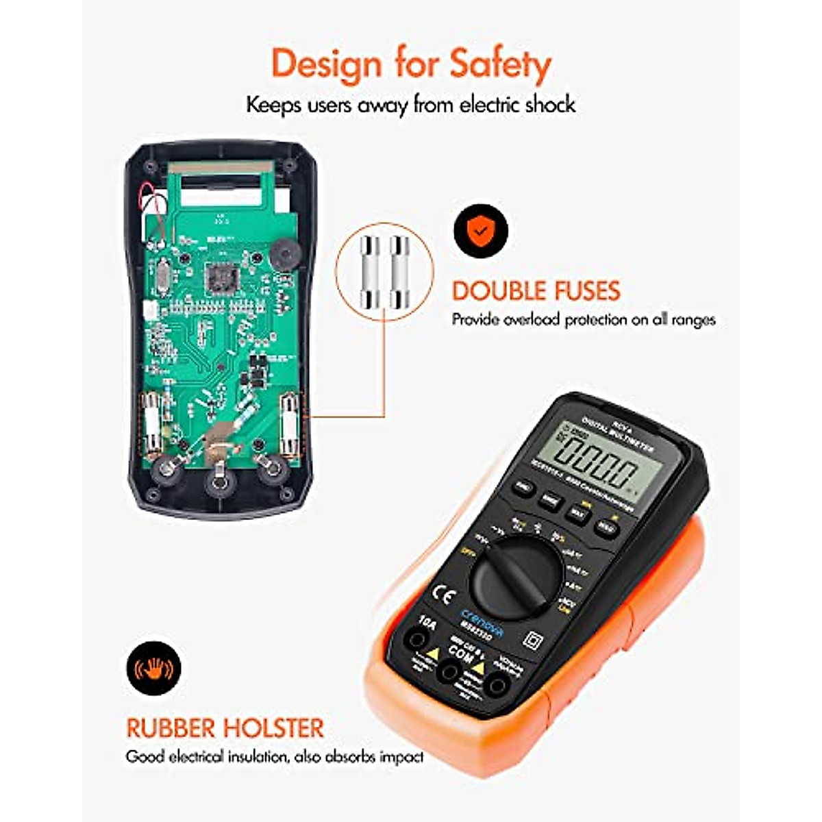 Crenova MS8233D Digital Multimeter 6000 Count Auto-Ranging DC AC Voltmeter Ohm Volt Amp Tester for Voltage Current Resistance Capacitance Continuity Diode Duty-Cycle Frequency NCV Live Wire Test
