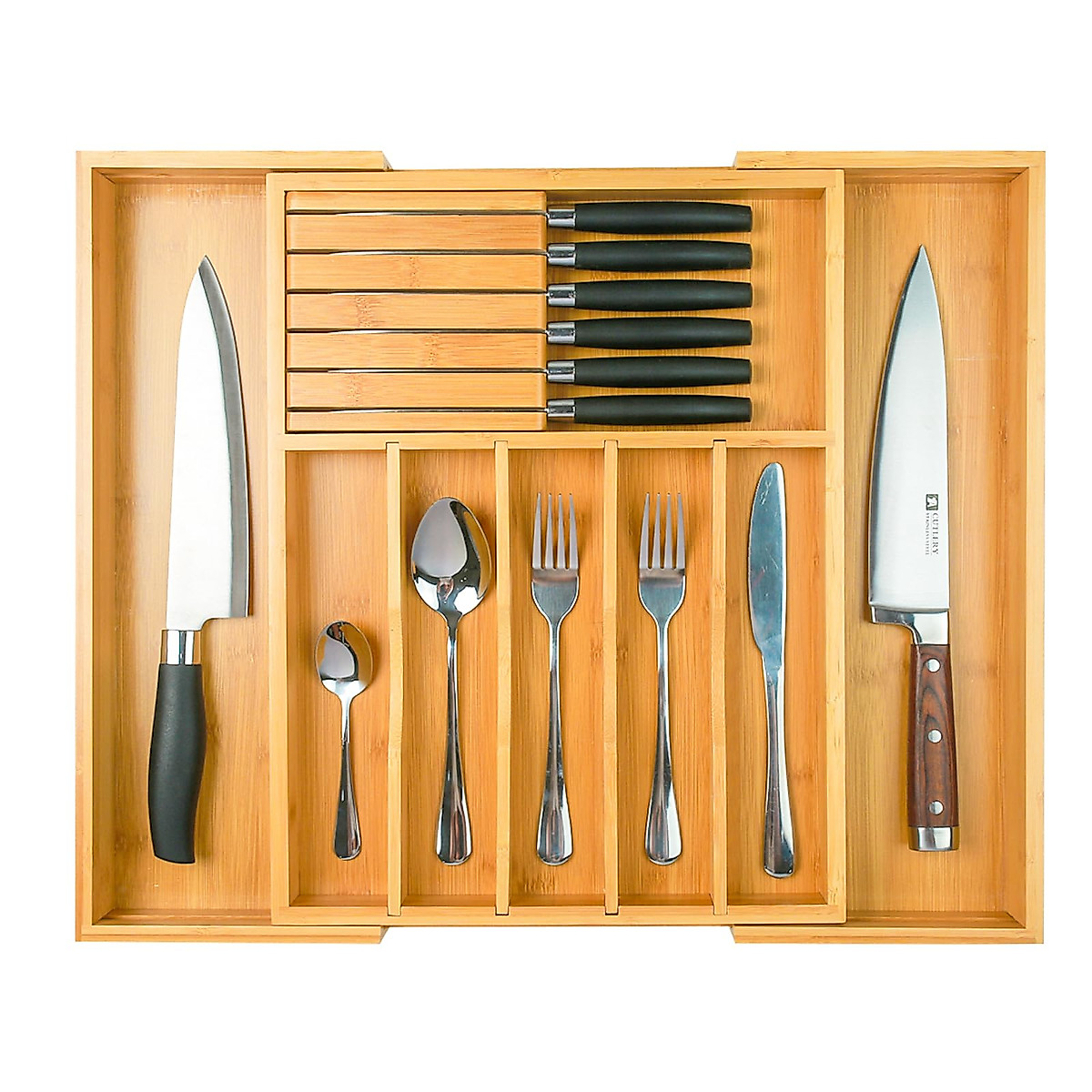 Expandable Bamboo Kitchen Drawer Organizer, Wencrfat Silverware Drawer Organizer with Removable Knife Block and Dividers, Flatware Utensil Cutlery Organizer for Drawer Tray(6-8 Slots)