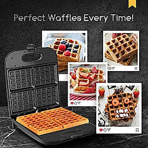 Aigostar Waffle Maker, 4-Slice Non-Stick Belgian Waffle Iron, 1400W Square Waffle Machine with Indicator Lights, Easy to Clean, PFOA Free, Compact Design, ETL Certificated, Black
