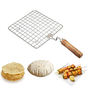 KSJONE Stainless Steel Multi-Functional Wire Steaming Cooling and Baking Barbecue Rack Square Wire Roaster Rack/Papad Jali/Roti Grill Round Shape with Wooden Handle