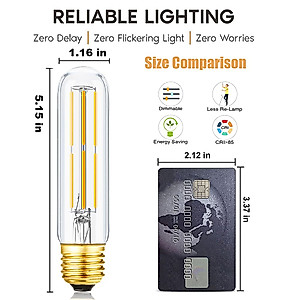 Dimmable E26 Edison Bulb 6W Tubular T10 led Bulb,Equal 60 watt Light Bulb,Soft White 3000K,Edison Filament Light Bulbs for Pendant,Chandeliers,Wall scones, 4-Pack