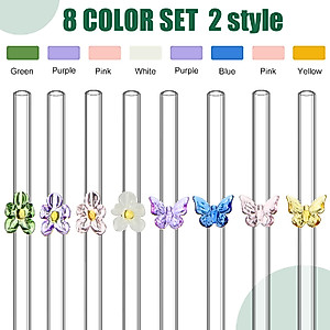 8 Pcs Reusable Glass Straws with Flower Butterfly Glass Straws Clear Shatter Resistant Bent Straws Colorful Floral Straws Cute Reusable Straws with 2 Pcs Straw Brush for Party Drink Cocktail