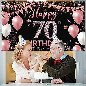 70th Birthday Decorations Backdrop Banner for Women, Rose Gold Happy 70th Birthday Decoration for Women, 70 Year Old Birthday Party Backdrop, 70th Birthday Theme Photo Props Fabric 6.1ft x 3.6ft PHXEY