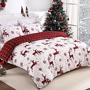 STARBEDIA Christmas Duvet Cover King, Soft Brushed Microfiber Comforter Cover Sets, Reindeer Printed Holiday Theme Bedroom Decorative Bedding (King Size, Red Plaid Deer)