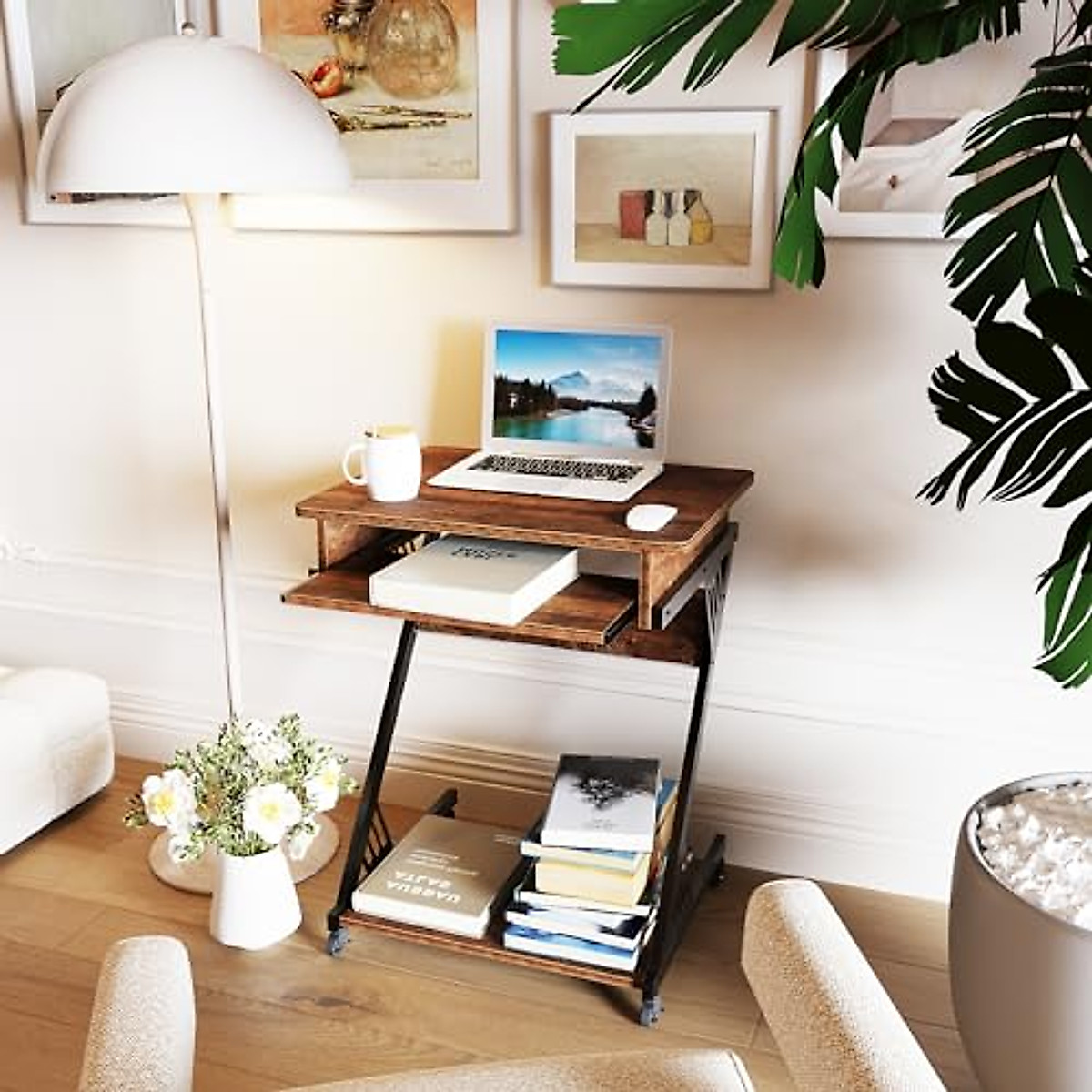 ALISENED Computer Desk for Small Spaces,23.6" Z-Shaped Compact Study Table with Smooth Keyboard Tray,with Wheels and Bottom Shelves for Home Office，Computer Cart Mobile Laptop Cart