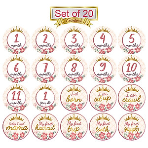 Baby Monthly Milestone Stickers, (Set of 20) Baby Belly Stickers with Crown Rose Gold Flower, Best Baby Shower Registry Gift, Scrapbook Photo Keepsake or Baby Photo Sharing Milestone Sticker.