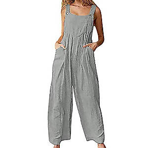 Sdeycui Womens Ethnic Style Solid Pocket Loose Romper Wide Leg Suspender Jumpsuit(Gray, M)