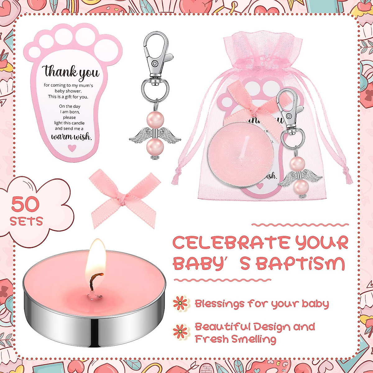 Landical 50 Sets Baby Shower Favors for Guests Including 50 Unscented Tealight Baby Shower Candles 50 Angel Keychains 50 Gift Bags 50 Baby Shower Cards for Baby Shower Gender Reveal Party(Pink)