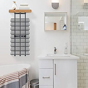 HTCBF Wall Towel Rack for Rolled Towels with Shelf,Upgrade 3 Bar Towel Racks for Bathroom Wall Mounted,Metal Towel Holders with Wooden Shelf,Bath Towel Holder for Folded Large Towel Washcloths