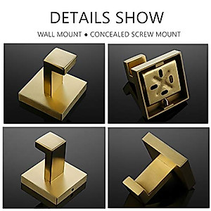 VELIMAX Premium Stainless Steel Towel Hook Square Robe Hook Coat Hook Heavy Duty Wall Mounted Luxury Hooks for Bathroom Hotel, Brushed Gold, 2-Pack