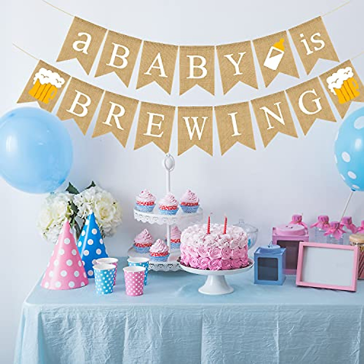 Doumeny Jute Burlap A Baby is Brewing Banner Baby Shower Decorations Banner Gender Reveal Bunting Garland Baby Bottle Burlap Bunting Oh Baby Garland Welcome Baby Banner Beer Mug Diaper Party Supplies