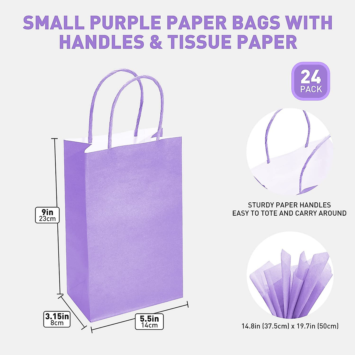 DjinnGlory 24 Pack Small Purple Lavender Paper Gift Bags with Handles 9x5.5x3.15 Inch and 24 Tissue Paper for Business Birthday Wedding Bridal Baby Shower Party Favors Goodies