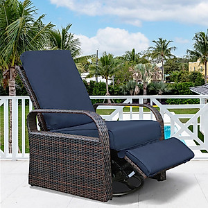 ATR ART TO REAL Outdoor Swivel Chairs, Wicker Patio Recliner Chairs Lounge Chair with Fabric Cushions for Garden, Backyard, Porch, Poolside, Adjustable Lounging Positions (Navy)