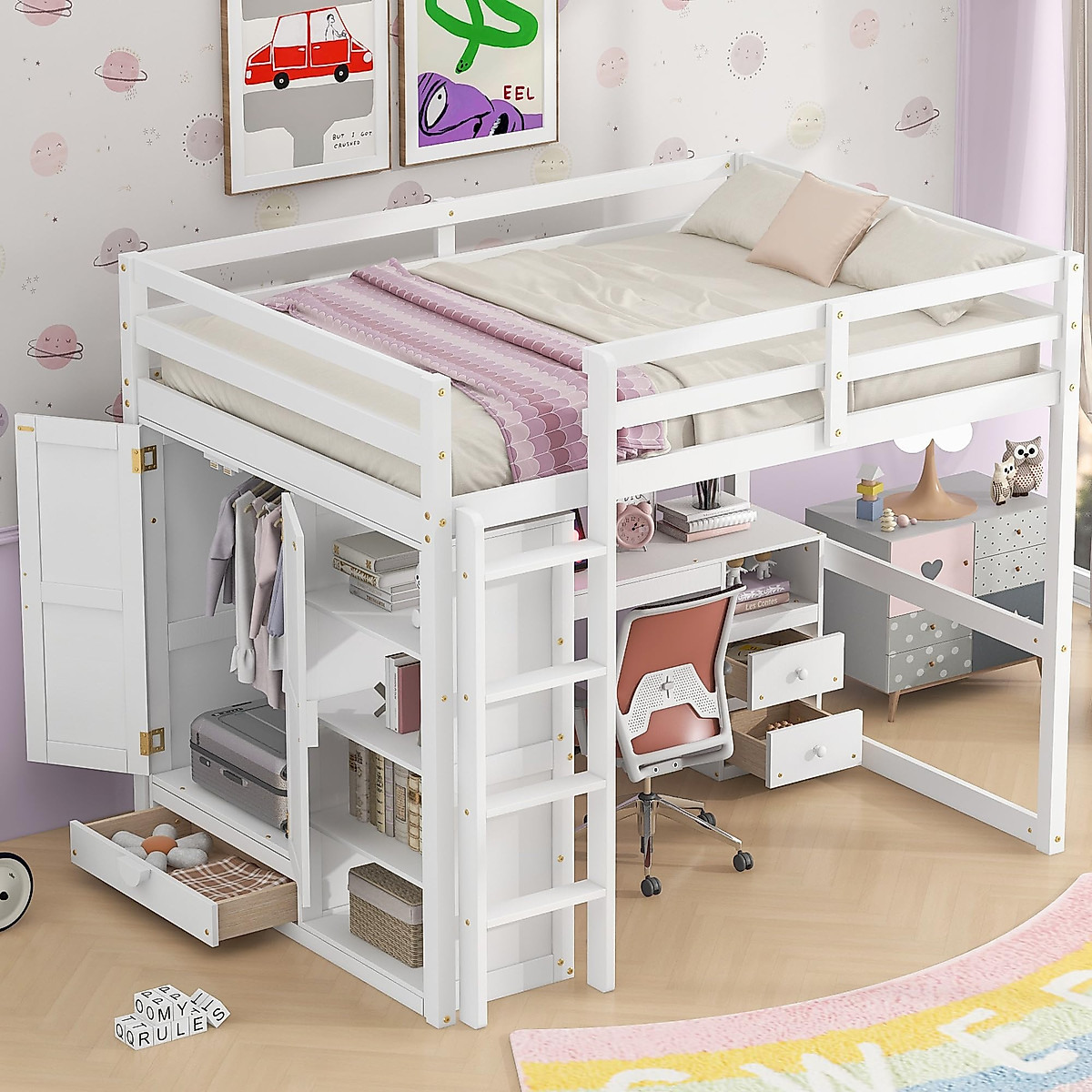 Full Size Loft Bed with Wardrobe and Desk, Wood Loft Bed Frame with Storage Shelves and Drawers for Adults Teens and Kids, White