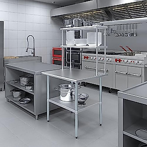 30" x 36" Stainless Steel Work Table with 12" Wide Double Tier Overshelf | Metal Kitchen Prep Table & Shelving Combo