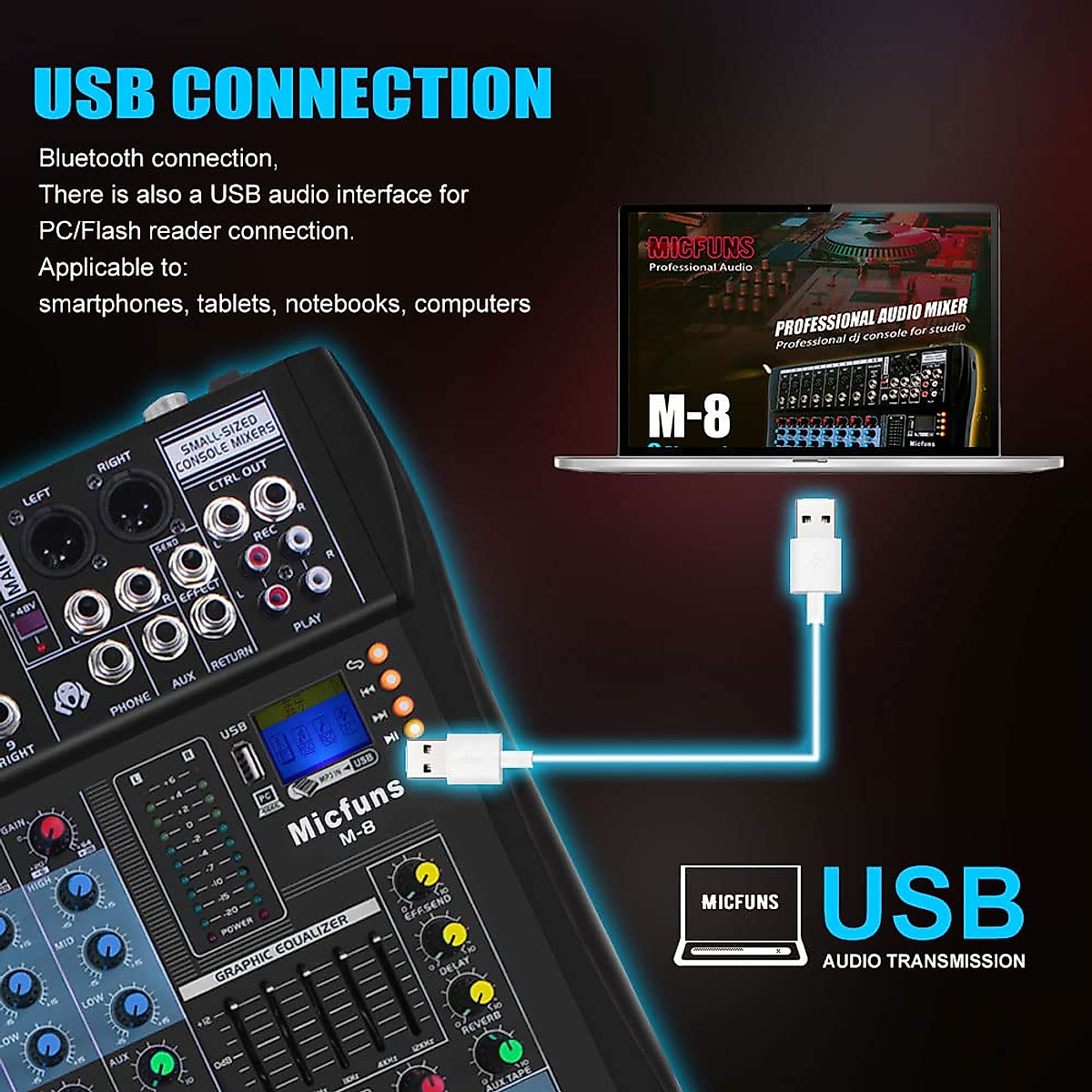 DJ Console Mixer Micfuns 8 Channel with Sound Board USB Bluetooth Audio Interface 48V Phantom Power Mixer Use for DJ Studio PC Recording Singing Webcast Party