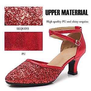 SWDZM Glitter Women's Latin Dance Shoes Closed Toe Sequins Ballroom Salsa Tango Party Practice Performance Dance Shoes,DY225-Red-5-J,US 9.5