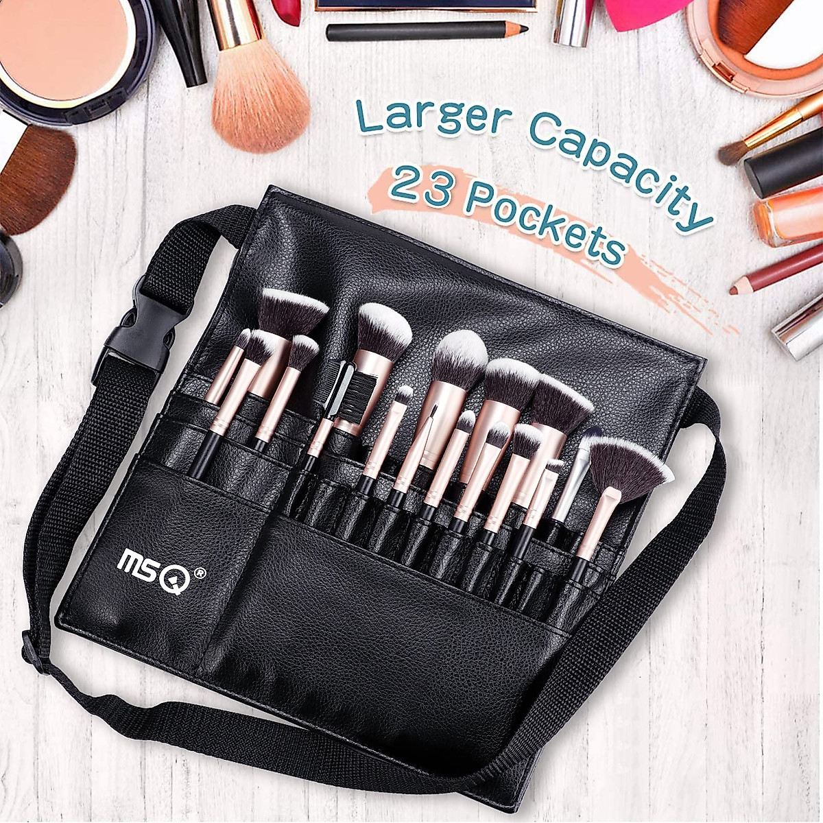 MSQ 23 Pockets Professional Cosmetic Makeup Brush Bag with Adjustable Artist Belt Strap Multi Pockets PU Leather Portable Cosmetic Brush Holder Organizer (Brush Not Included)