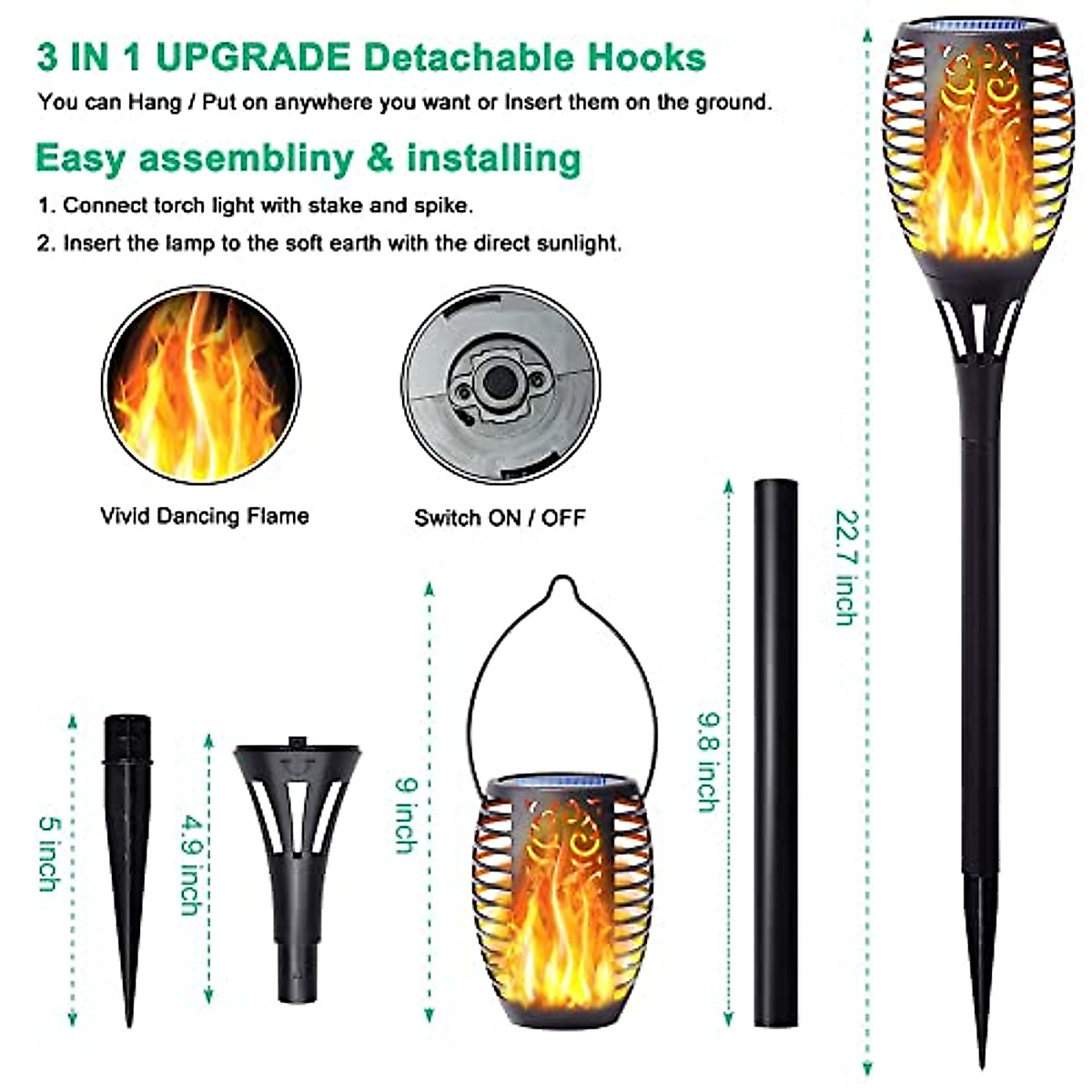 FITSAN 4Pack Solar Torch Light with Flickering Flame, Upgraded 3in1 Solar Lights Outdoor Hanging Lantern, Waterproof Landscape Decoration Lighting for Garden Yard Pathway Driveway, Auto On/Off