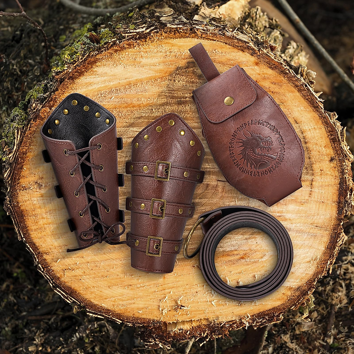 Berenlu 3 PCS Renaissance Accessories, Viking Renaissance Belt Medieval Vintage Belt Pouch, and Leather Bracers, Enhance Your Halloween Renaissance Cosplay with Medieval Accessories (Brown)