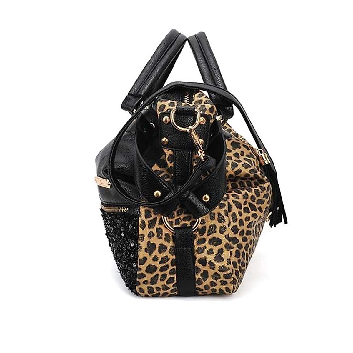 Cayla Women Leopard Print Shoulder Bag Totobag Large Hobo Purse with Tassel (Black)