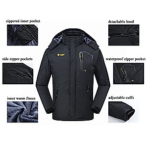 JINSHI Men Snow Jacket Windproof Waterproof Ski Jackets Winter Hooded Mountain Fleece Outwear (Black,L)