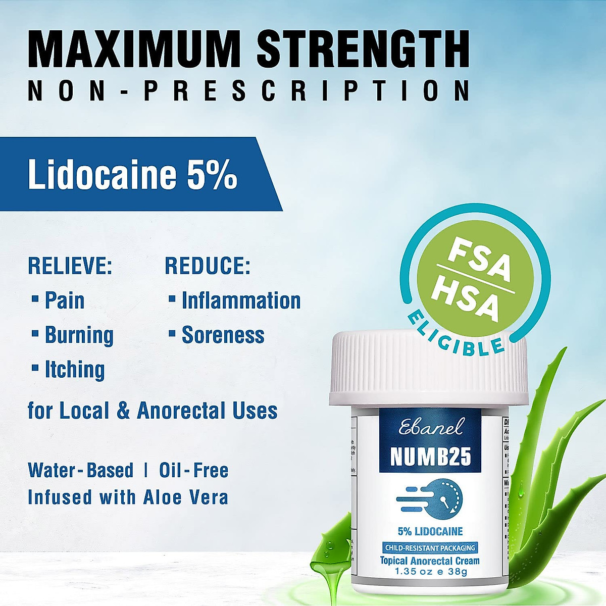 Ebanel 5% Lidocaine Numbing Cream, Pain Relief Burn Itch Numb Cream, Maximum Strength Numb25 Topical Anesthetic with Allantoin, Vitamin E for Local and Anorectal Uses, Hemorrhoid Treatment, 1.35 Oz