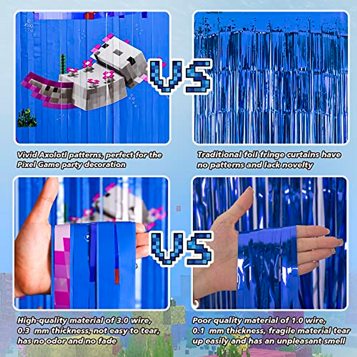 Bupelo Pixel Game Themed Party Supplies,2 Packs of Axolotl Tinsel Foil Fringe Curtains, Miner Themed Photo Booth Prop Backdrop Streamer, Axolotl Birthday Party Decorations, Room Decor for Kids