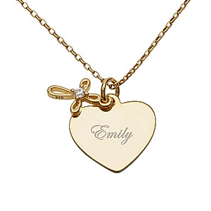 Personalized 14K Gold-Plated Heart with Cross Charm Necklace with Engraving, First Communion Gift for Girls, Custom Engraved Confirmation Gift for Teens, Women (16-18 inch-adjustable)