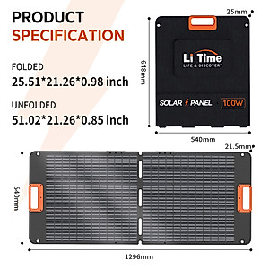 LiTime 100W Portable Solar Panel, Mono Crystalline Silicon Cells, IP67 Dust & Water Proof, Suitable for Portable Power Station, Using for RV, Camping, Overland etc.