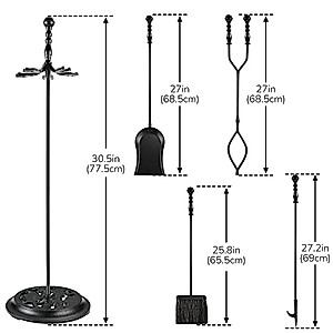 ATiyyo 5 Pieces Fireplace Tools Sets Wrought Iron Firewood Kit with Handle Durable Tool Set and Holder for Fire Pit Stand Indoor Tong Shovel Poker Brush Firewood Accessories (Black)