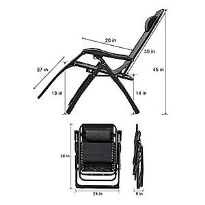 Oversized Zero Gravity Chair, Lawn Recliner, Reclining Patio Lounger Chair, Folding Portable Chaise, with Detachable Soft Cushion, Cup Holder, Adjustable Headrest, Support 500 lbs. (Black Cushion)