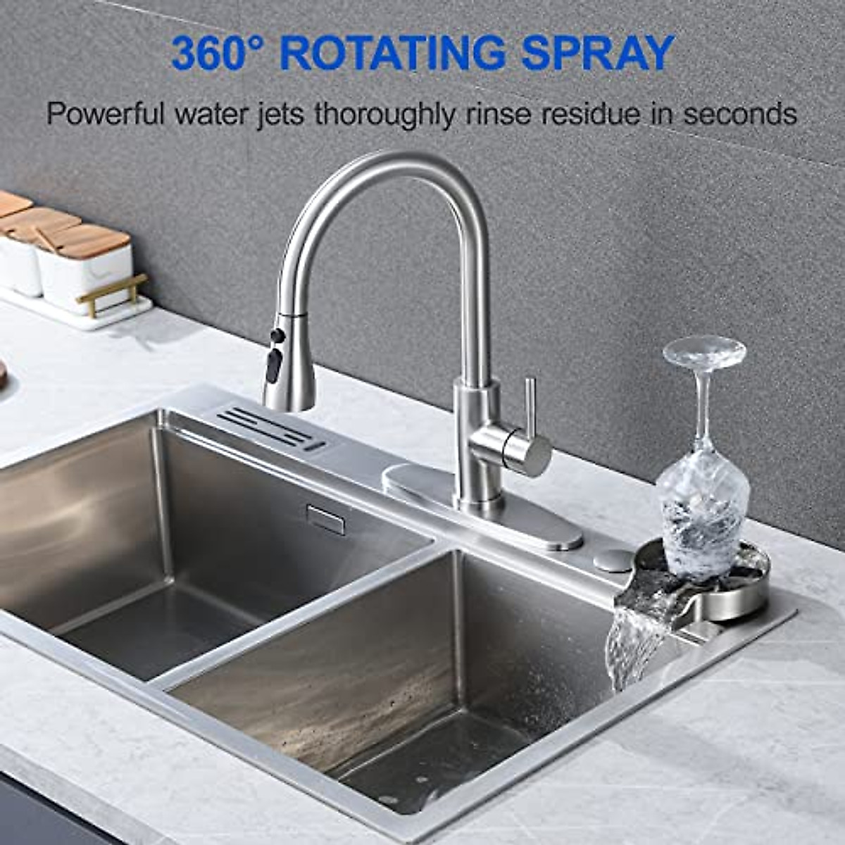 𝟮𝟬𝟮𝟯 𝗡𝗲𝘄 Metal Glass Rinser for Kitchen Sink - 360° Rotary Cup Washer with Brush, Faucet Cup Rinser Cleaner Kitchen Sink Bottle Washer for Bar, Brushed Nickel