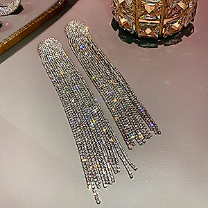 Wiwpar Fashion Women Long Rhinestones Tassel Earrings Bohemian Long Chain Drop Dangle Earrings for Women Girls (Silver)