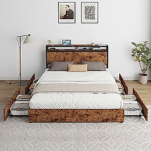 AMERLIFE King Size Storage Bed Frame, Wooden Platform Bed with Charging Station, 4 Drawers & Headboard/No Box Spring Needed/Noise-Free/Dark Brown