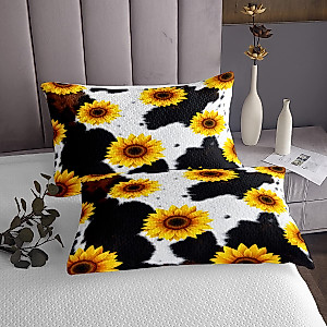 Sunflower Bedspread Twin Size Black White Cowhide Print Bedding Set 2pcs Kids Boys Girls Bedroom Decor Rustic Farmhouse Cow Fur Comforter Set Animals Botanicals Quilt Set,1 Pillowcase