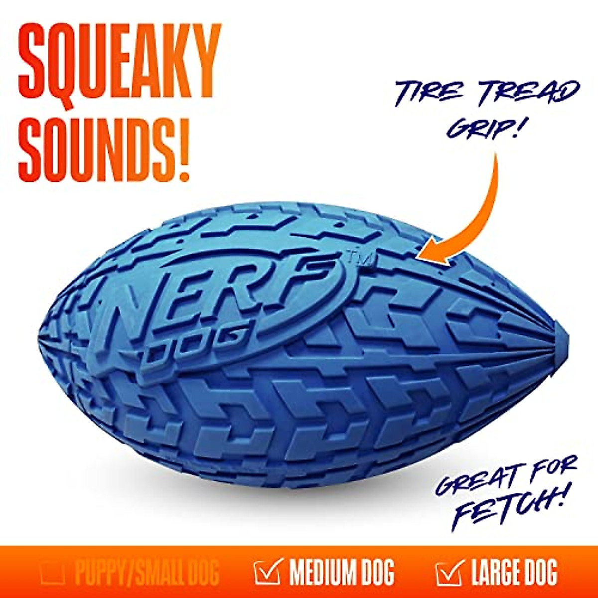 Nerf Dog Tire Football Dog Toy with Interactive Squeaker, Lightweight, Durable and Water Resistant, 6 Inch Diameter for Medium/Large Breeds, Single Unit, Blue (1571)