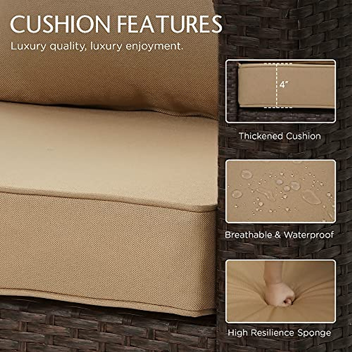 SUNVIVI OUTDOOR Patio Couch Sofa,3-Seat Outdoor Wicker Brown Rattan Sectional Couch Furniture Aluminum Frame with Non-Slip Beige Cushion