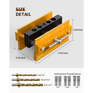 Kolvoii Self Centering Doweling Jig, Dowel Jig Kit Width Adjustable for Straight Holes Biscuit Joiner Tools with 3 High Speed Steel Drill Bits, 6 Drill Guide Bushings(Gold)