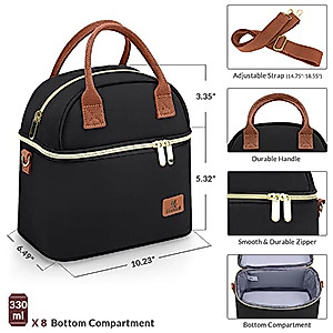 Hafmall Insulated Lunch Bag for Women/Men, Dual Compartment Adult Lunch Box for Work, Reusable Lunch Tote Bag with Shoulder Strap, Black