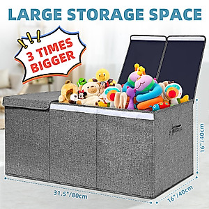 Hoyula Extra Large Fabric Toy Box Storage Container, Collapsible Sturdy Linen Organizer Chest with Lid Bins Basket for Kids, Nursery Room, Playroom, Closet, Dark Gray, 2 pack