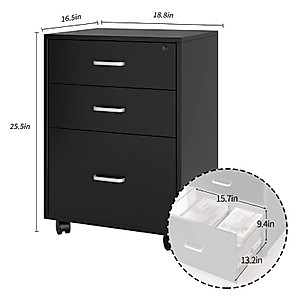soges 3 Drawer Mobile File Cabinet, Rolling Filing Cabinet, Home Office Lockable Pedestal File Cabinet, Under Desk Cabinet on Wheels, 10CZSSFC04BK