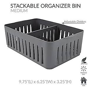 Simplify 3 Compartment Stackable Bin with Adjustable Dividers | Drawer Organizer | Storage Basket | Good for Office | Desk Supplies | Dorm | Bathroom | Accessories | Make Up | Grey