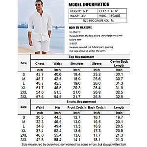 COOFANDY Mens White Beach Shirt And Shorts Casual Long Sleeve V-Neck Beach Shirt And Big And Tall Shorts For Men (White L